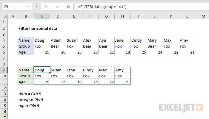 Filter horizontal data - Excel formula | Exceljet Filter horizontal data - Excel formula | Exceljet